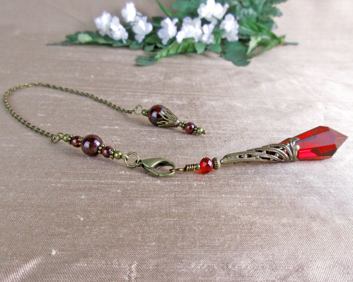 Icicle Prism Pendulum, Deep Red Garnet Beads, Ruby Red Glass Crystals, Bronze Filigree ...
