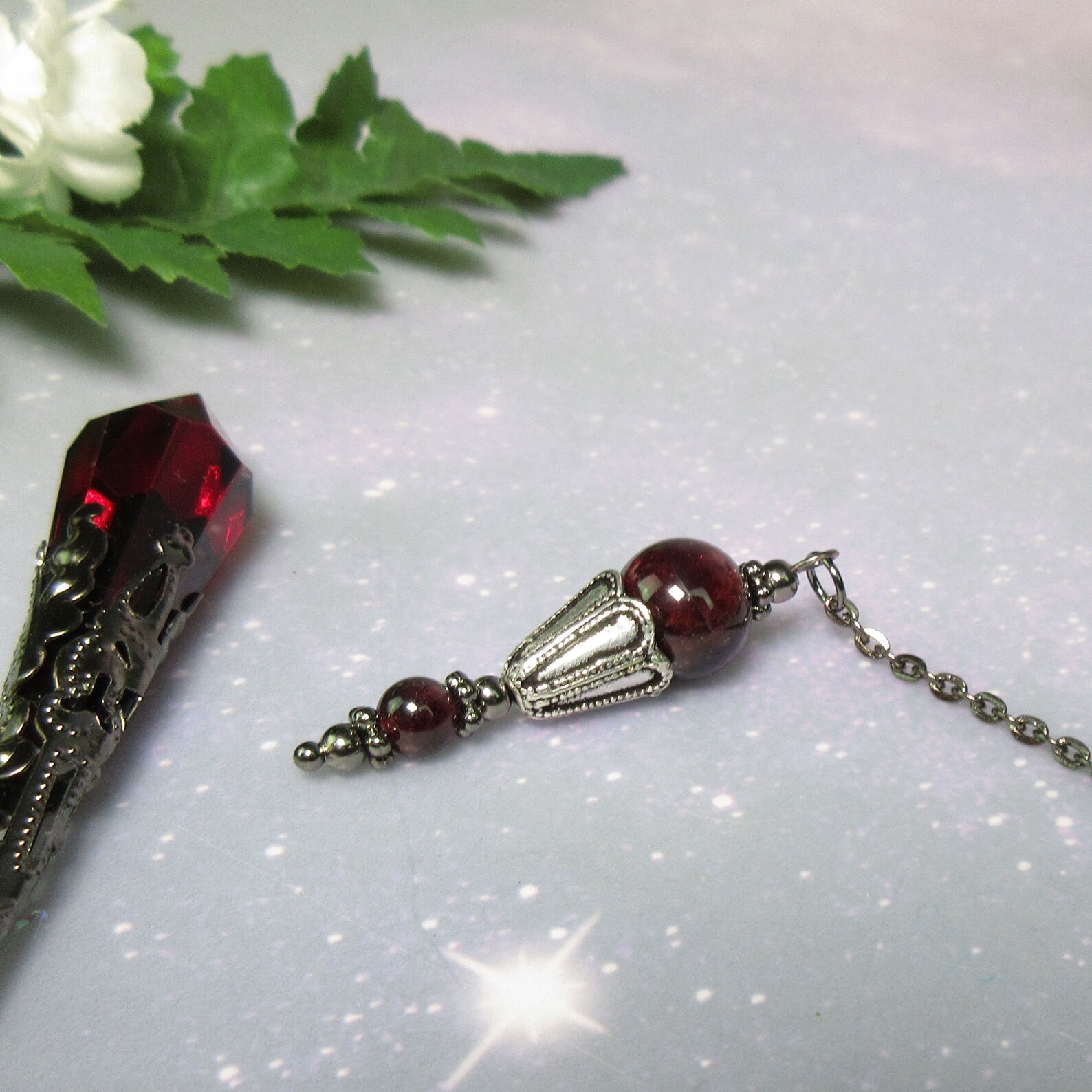 Icicle Prism Pendulum, Deep Red Garnet Beads, Ruby Red Icicle Prism, Black Silver, Divination ...