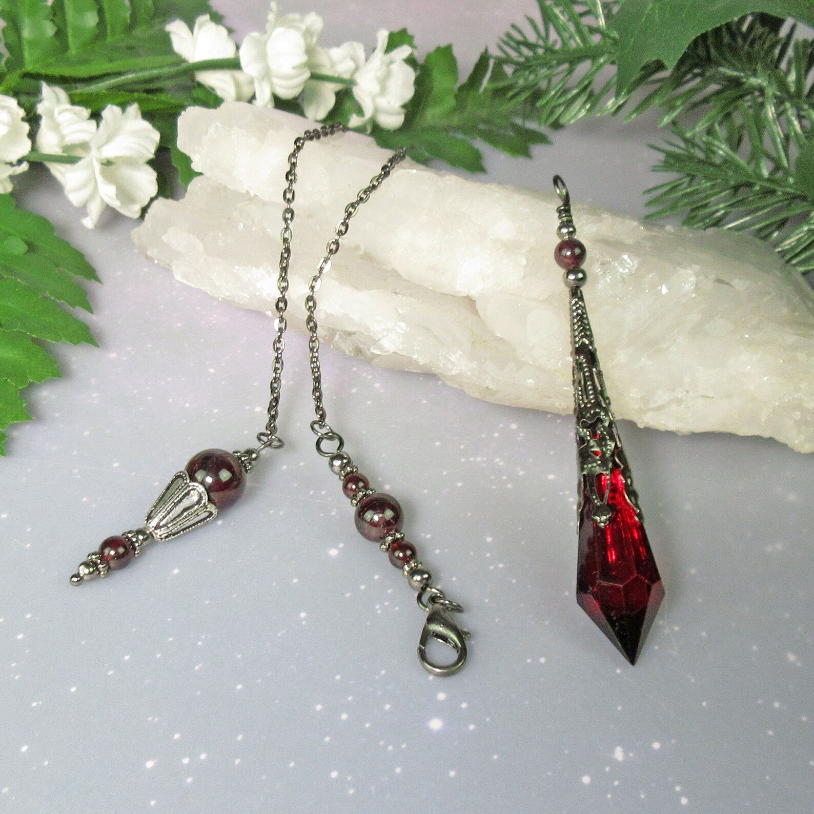 Icicle Prism Pendulum, Deep Red Garnet Beads, Ruby Red Icicle Prism, Black Silver, Divination ...
