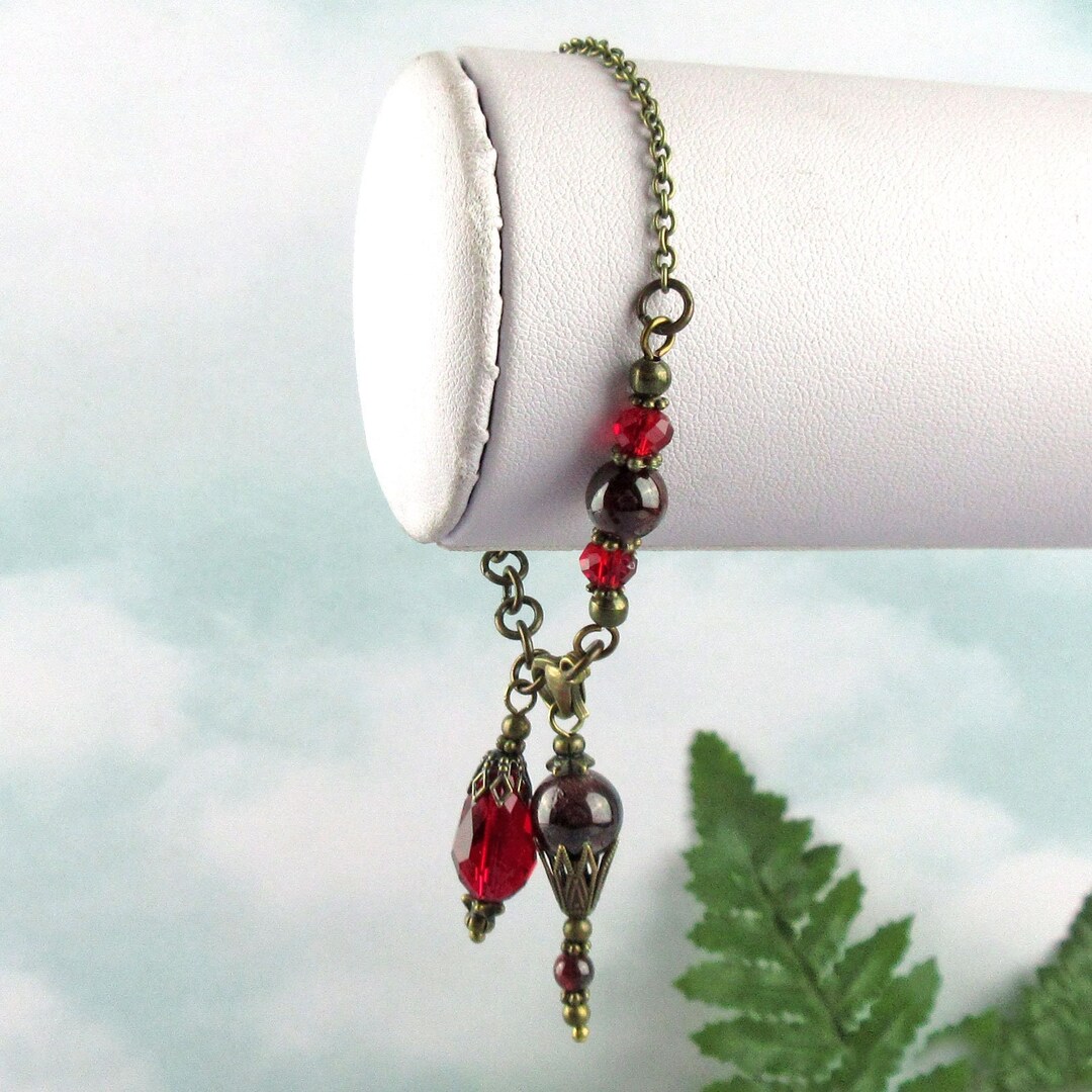 Garnet Pendulum Bracelet, Deep Red Garnet Beads, Ruby Red Glass Crystals, Adjustable Bracelet ...