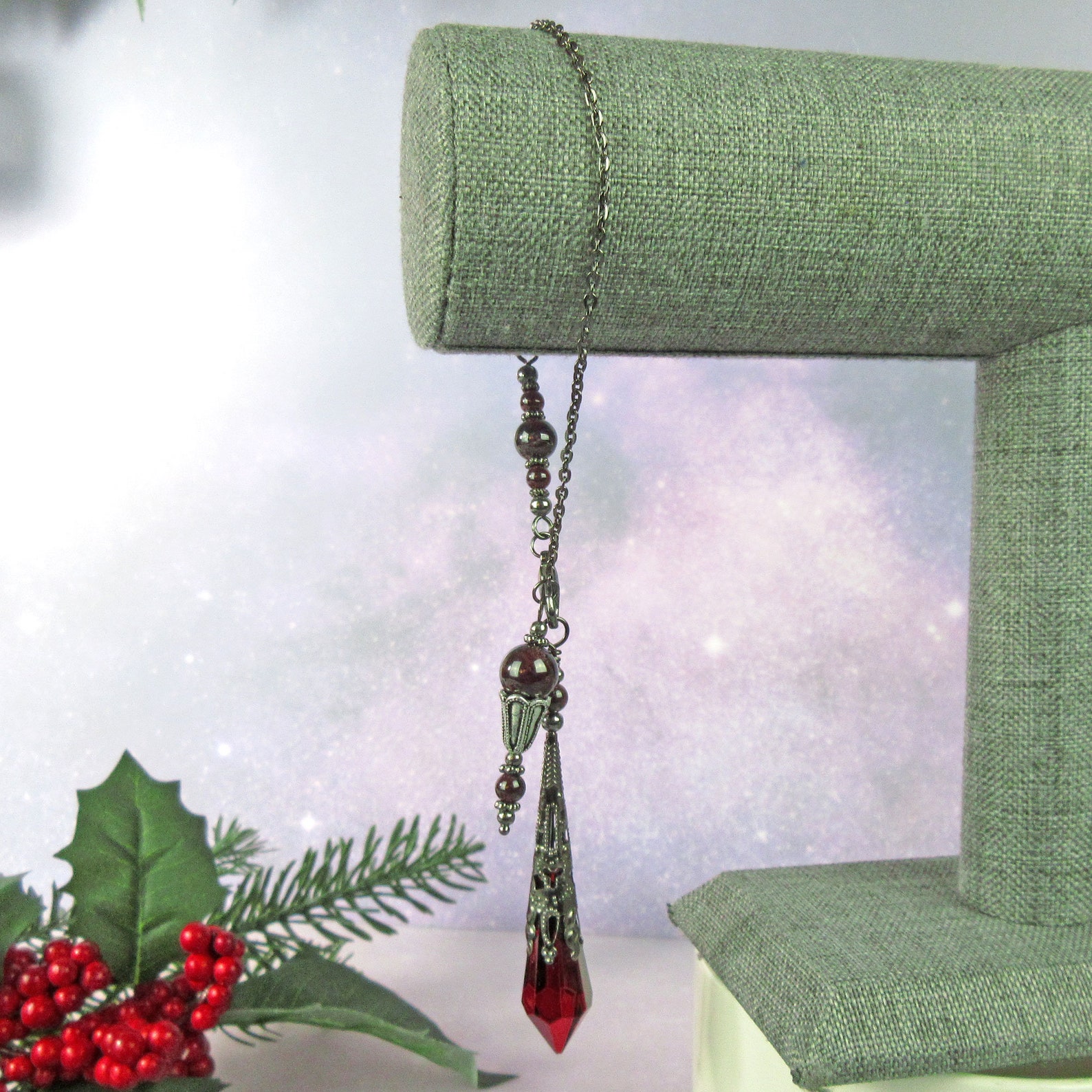 Icicle Prism Pendulum, Deep Red Garnet Beads, Ruby Red Icicle Prism, Black Silver, Divination ...