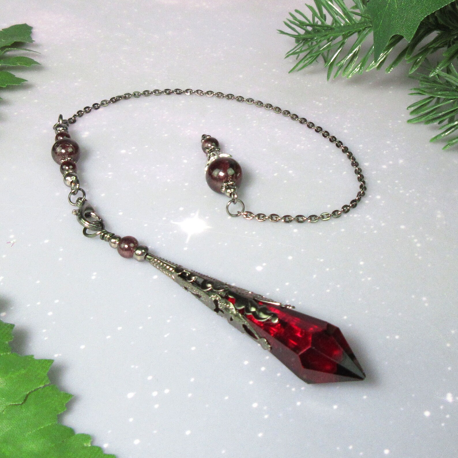 Icicle Prism Pendulum, Deep Red Garnet Beads, Ruby Red Icicle Prism, Black Silver, Divination ...