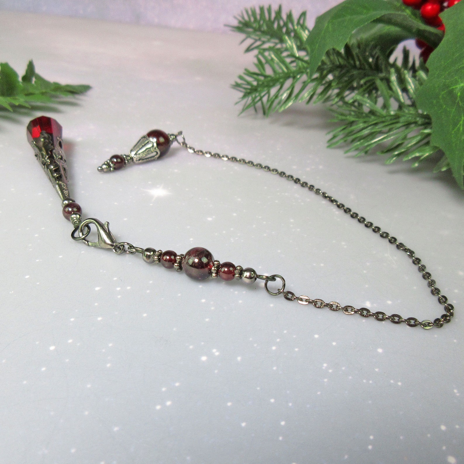 Icicle Prism Pendulum, Deep Red Garnet Beads, Ruby Red Icicle Prism, Black Silver, Divination ...
