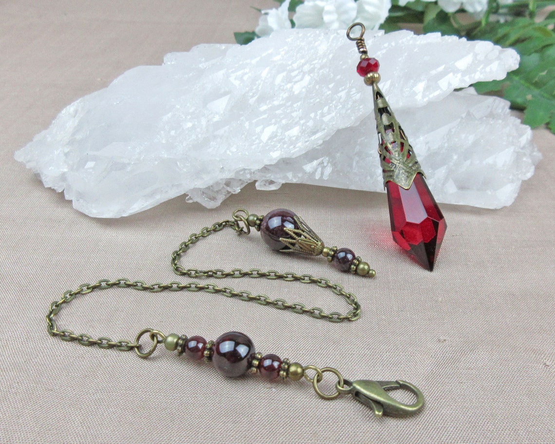 Icicle Prism Pendulum, Deep Red Garnet Beads, Ruby Red Glass Crystals, Bronze Filigree ...