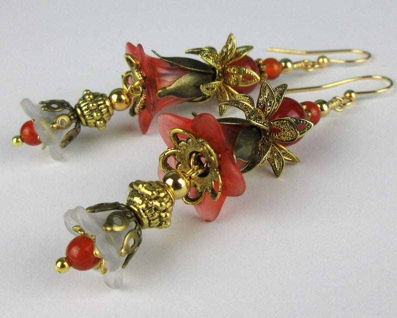Carnelian Gemstone Floral Earrings, Hand Painted Coral Lucite Flower ...