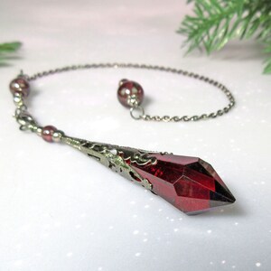 Icicle Prism Pendulum, Deep Red Garnet Beads, Ruby Red Icicle Prism, Black Silver, Divination ...