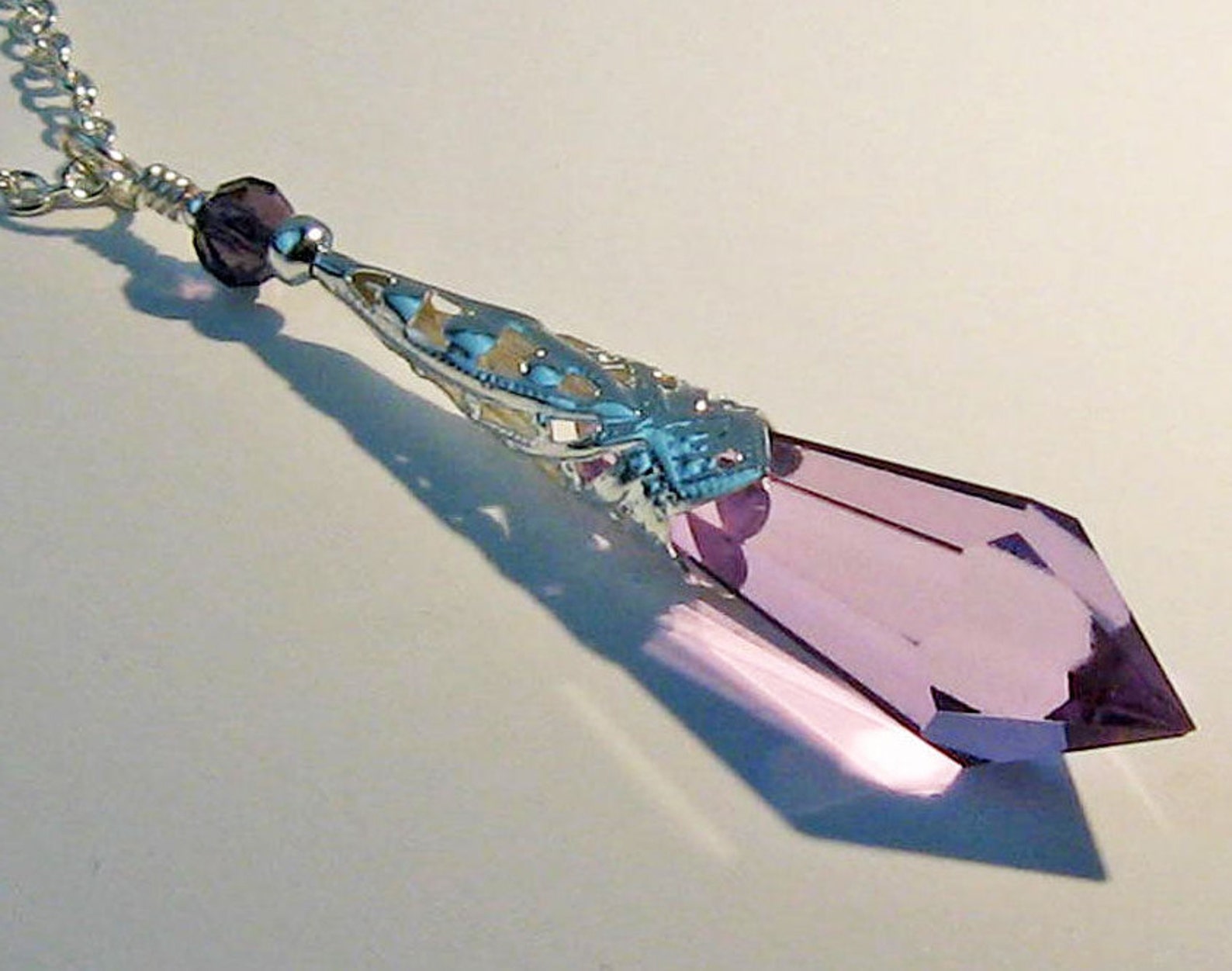 Icicle Prism Pendant, Lilac, Silver Filigree Cone, Purple Crystal ...