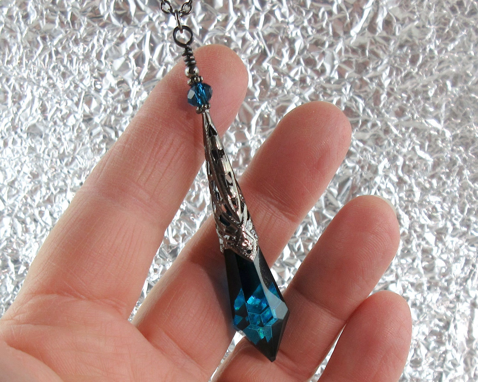 Dark Teal Icicle Prism Pendant, Black Silver, Bright Silver, Gold or ...