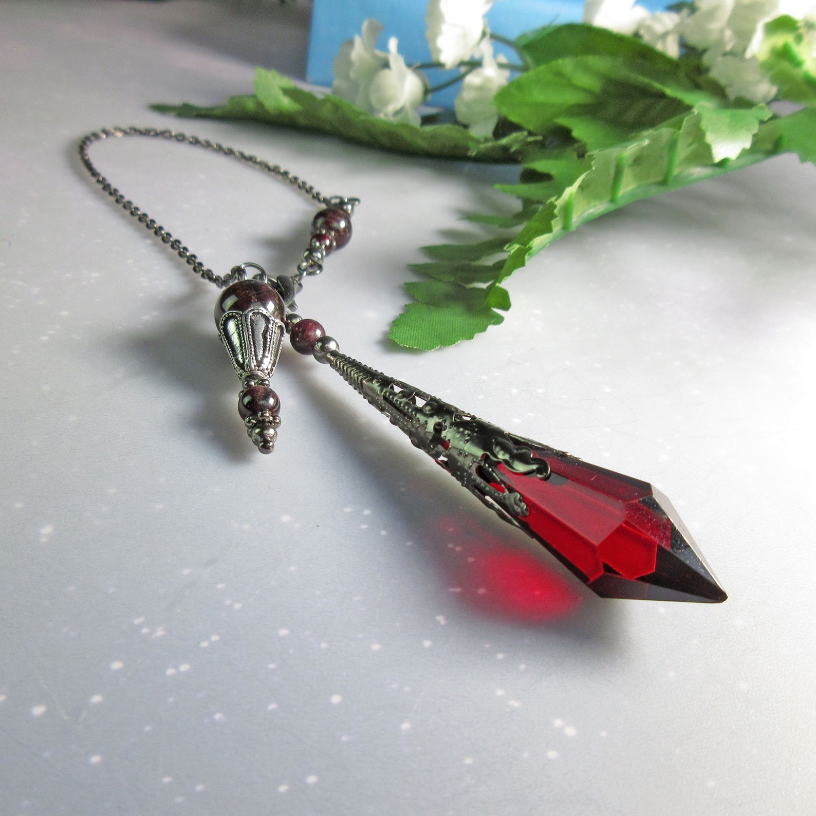 Icicle Prism Pendulum, Deep Red Garnet Beads, Ruby Red Icicle Prism, Black Silver, Divination ...