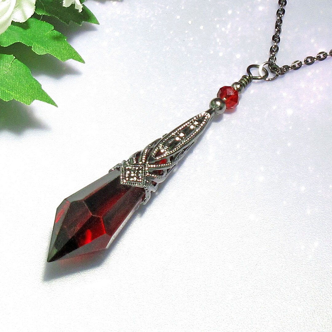 Icicle Prism Pendant, Ruby Red, Black Silver Decorative Cone, Crystal Necklace, Mystical ...