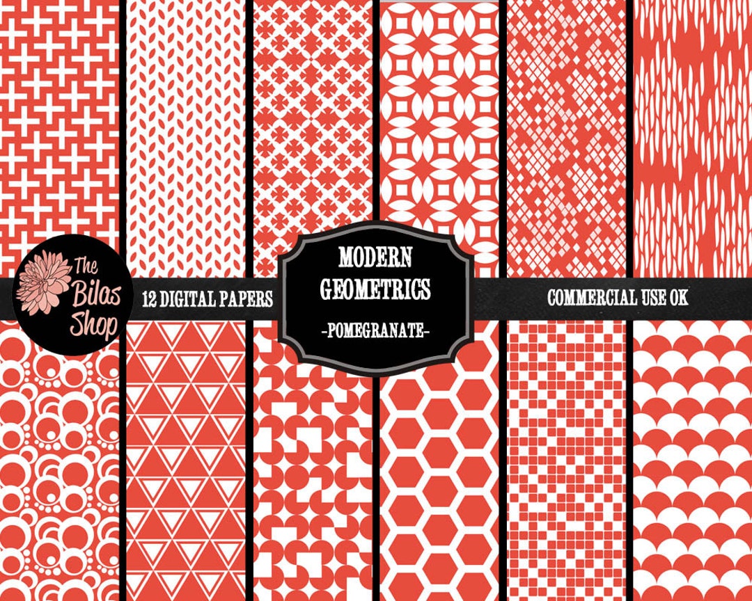 Modern Geometric Digital Scrapbooking Paper Pack, Pomegranate, Red ...