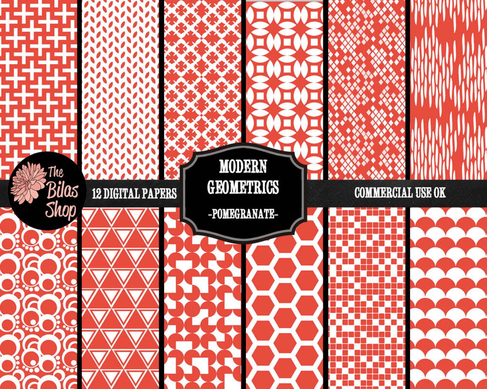 Modern Geometric Digital Scrapbooking Paper Pack, Pomegranate, Red ...