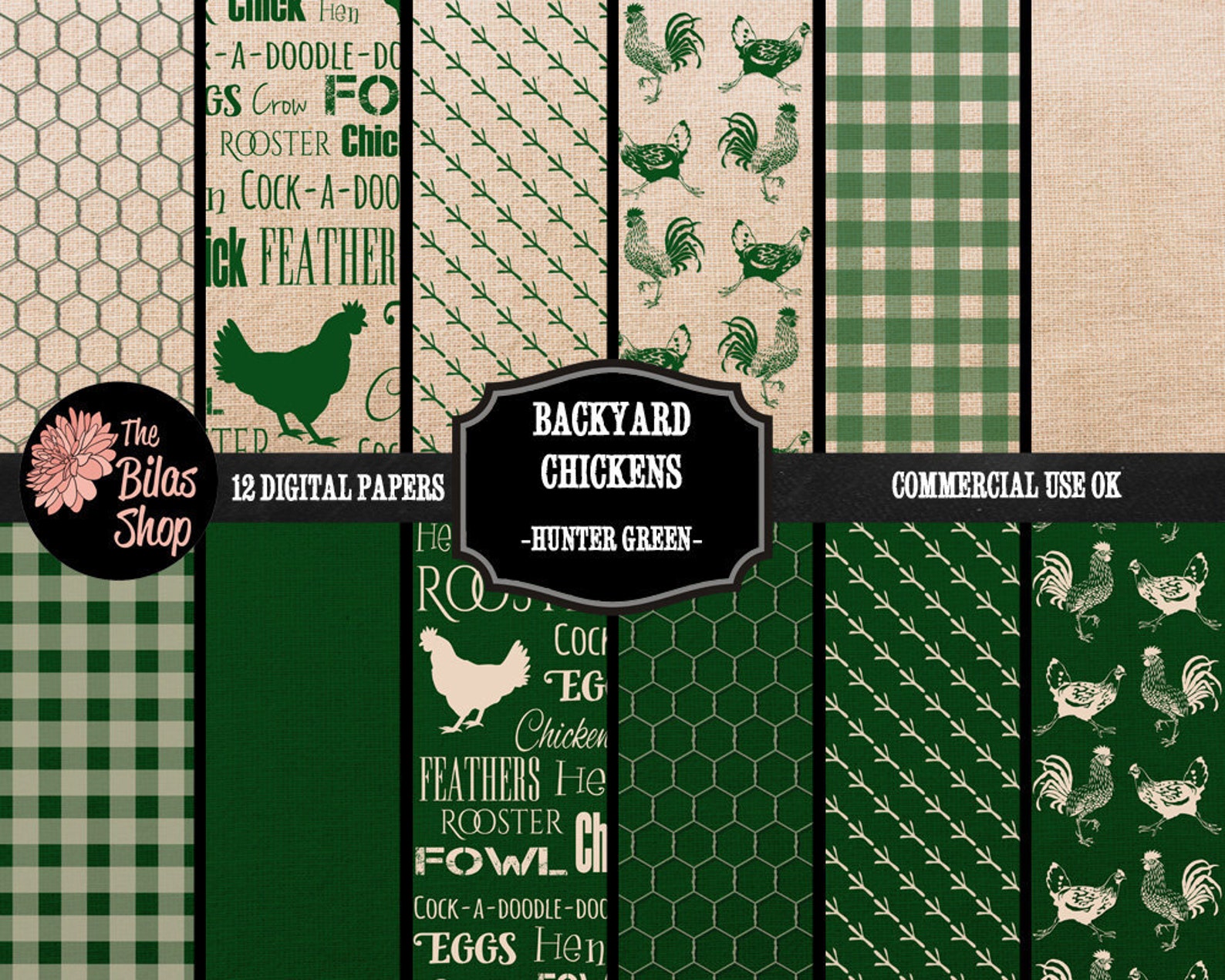 Backyard Chickens Digital Scrapbooking Paper Pack, Green and Tan ...