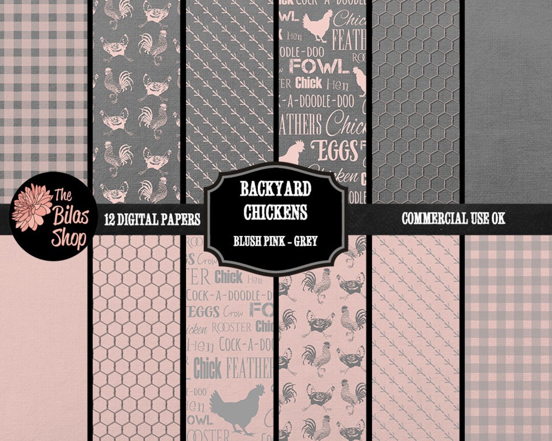 Chickens Digital Paper Pack, Pink and Grey Scrapbooking Paper ...