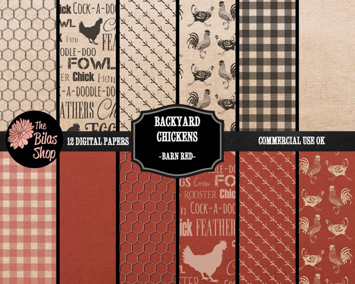 Backyard Chickens Digital Scrapbooking Paper Pack, Red Tan Digital ...