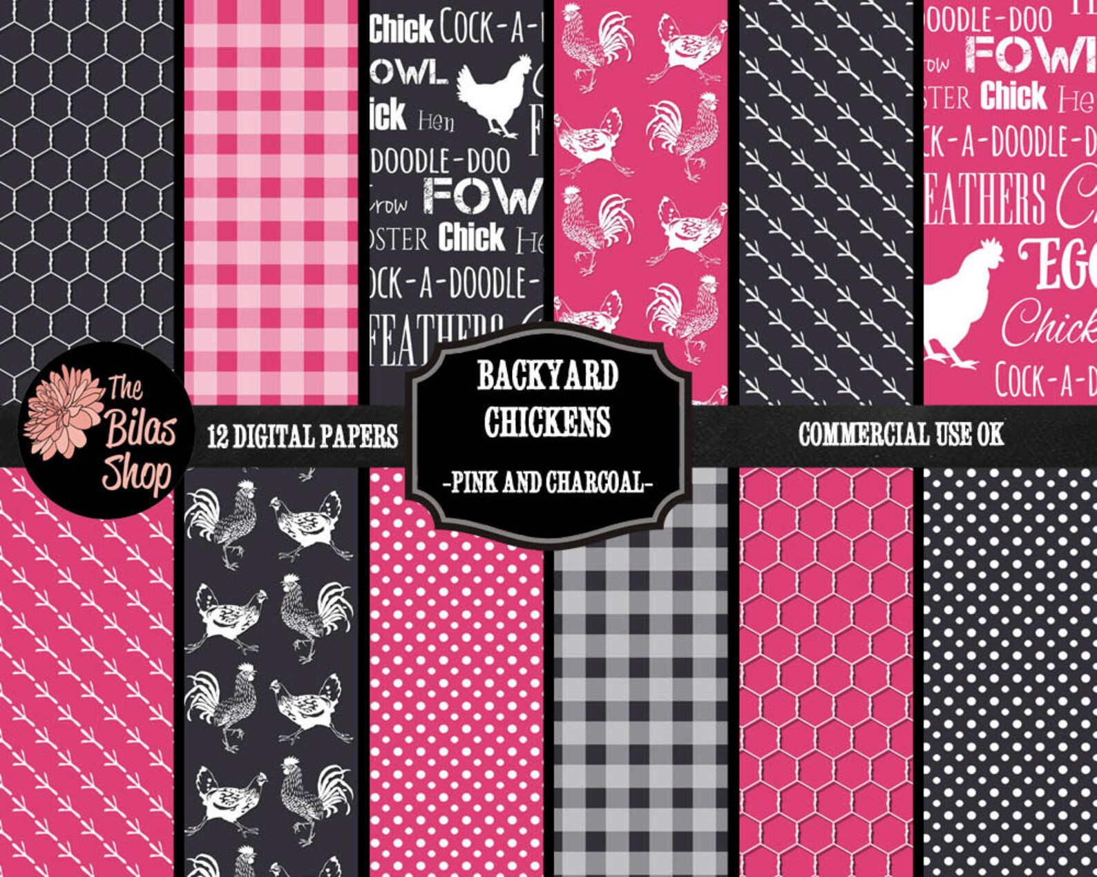 Backyard Chickens Digital Scrapbooking Paper Pack, Bright Pink Charcoal ...