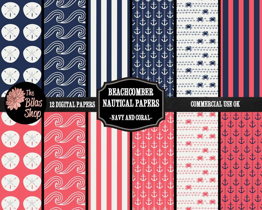 Nautical Digital Paper Navy and Coral, Ocean Scrapbook Paper, Instant ...
