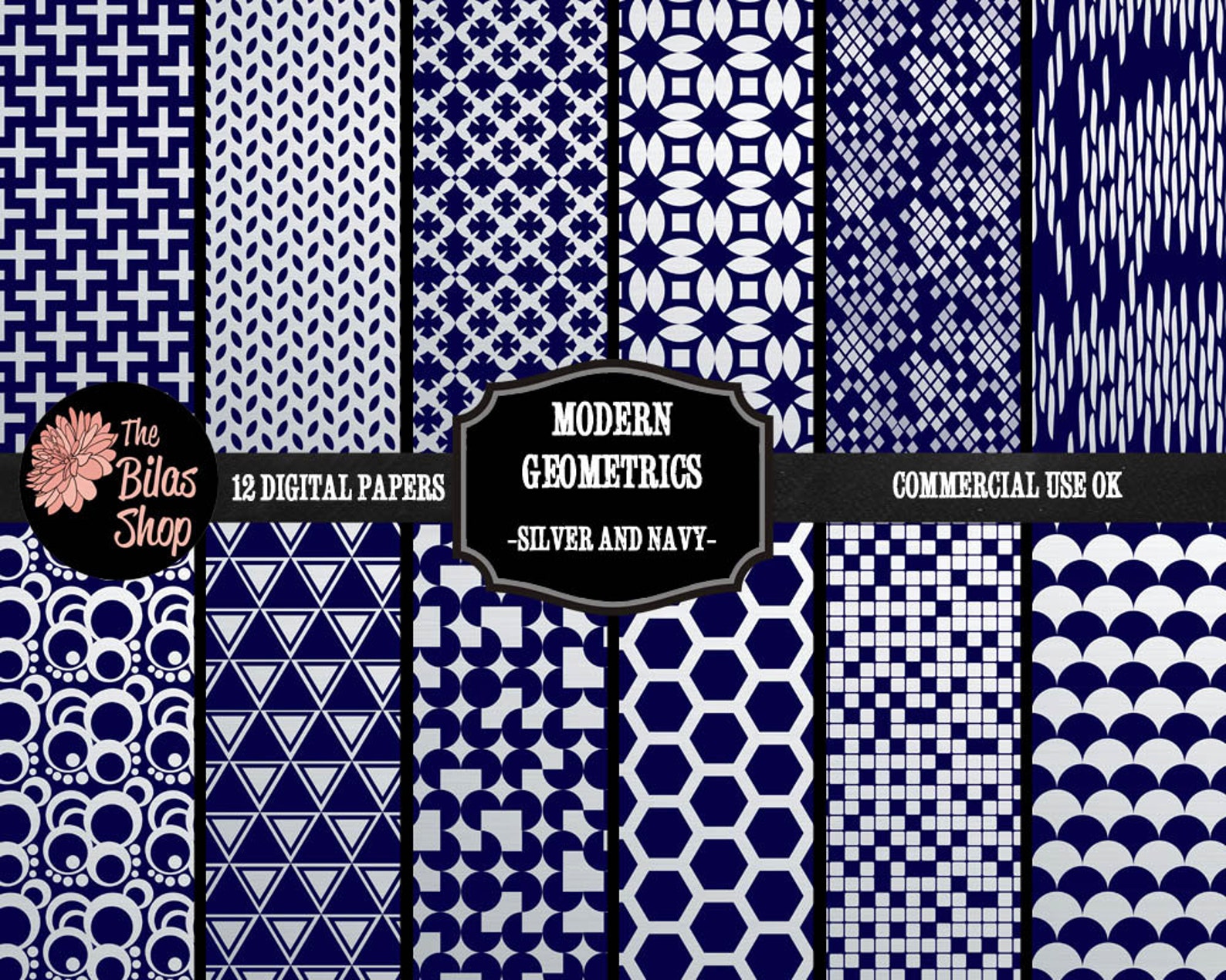 Silver and Navy Blue Modern Geometric Digital Scrapbook Paper, Circle ...