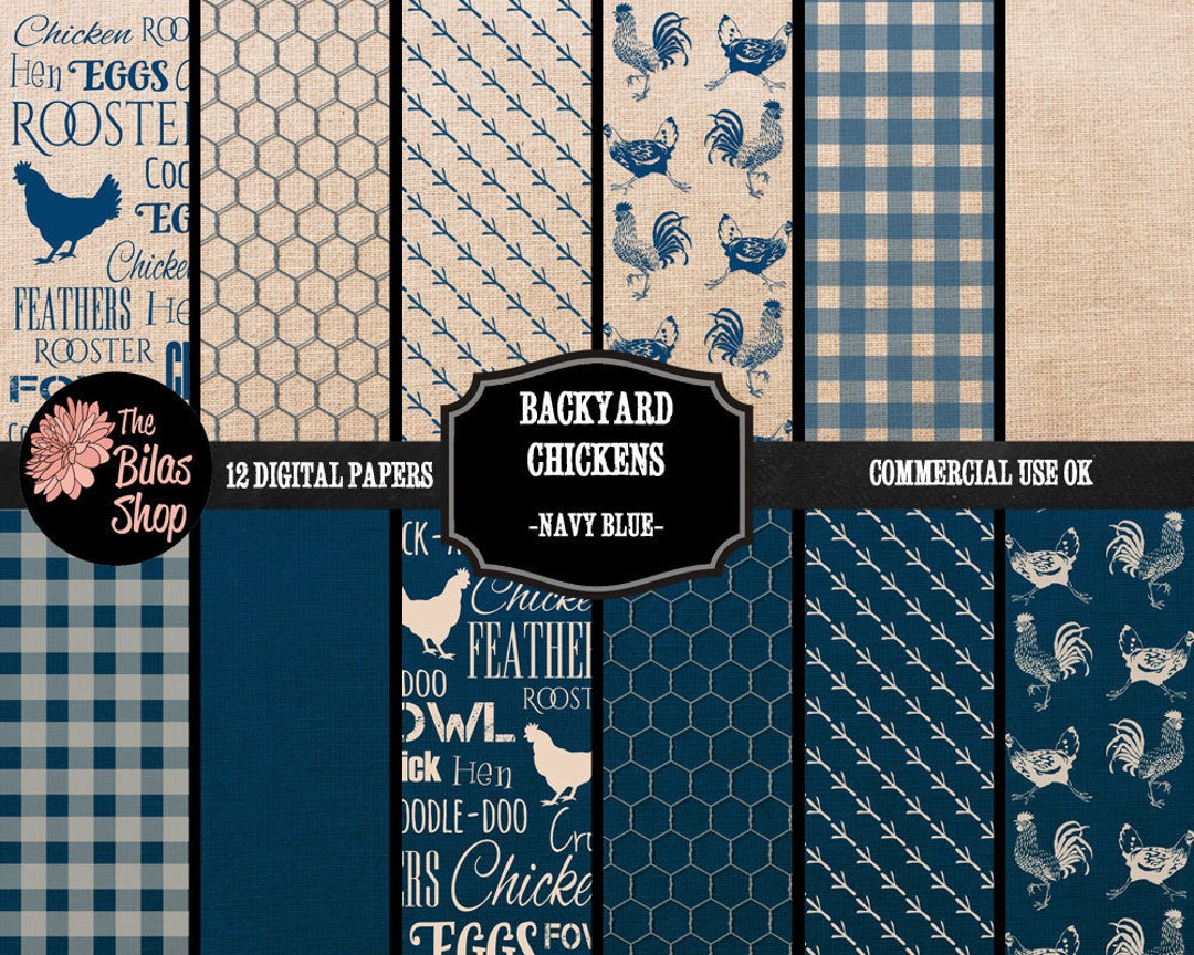 Backyard Chickens Digital Scrapbooking Paper Pack, Navy Blue Digital ...
