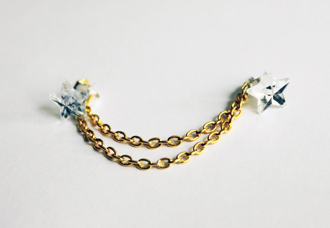 Shooting Stars Crystal Double Piercing Studs Chain Earring - Etsy