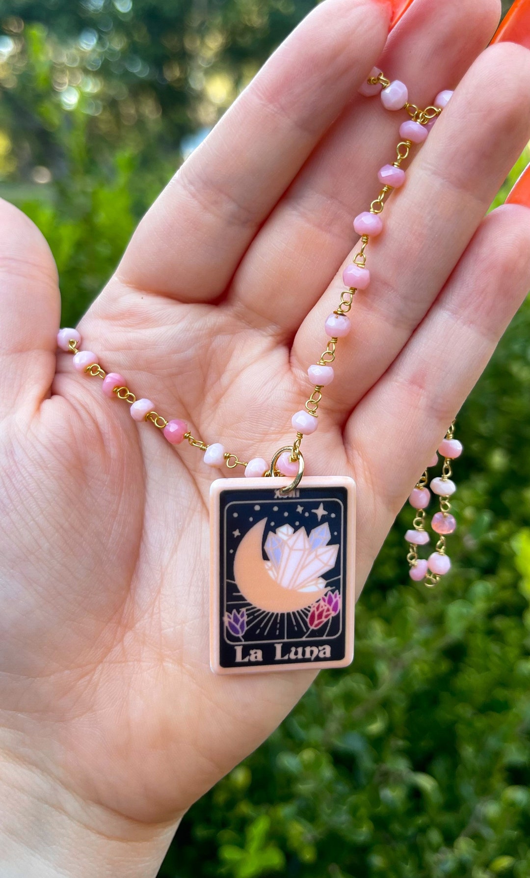 La Luna Tarot Card Necklace The Moon Pink Opal Crystal Etsy la-luna-tarot-card-necklace-the-moon-pink-opal-crystal-etsy