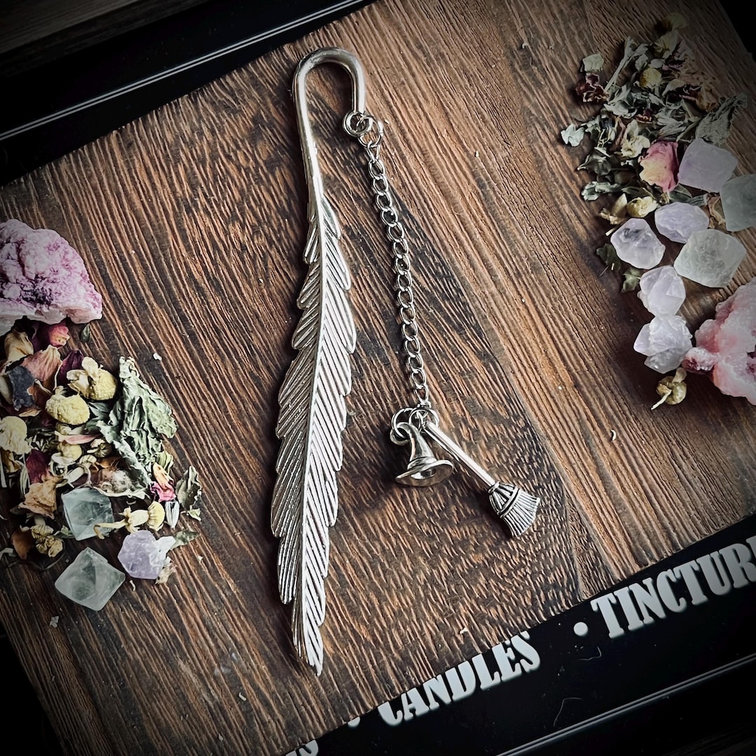 Witchcraft & Magick Bookmark - Metal, Silver, Feather, Broom, Witch Hat ...