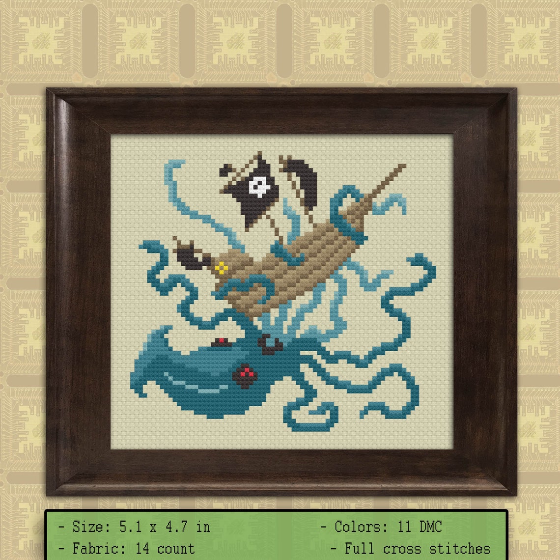Kraken Cross Stitch Pattern, Pirate Ship Cross Stitch Pattern, Nautical ...