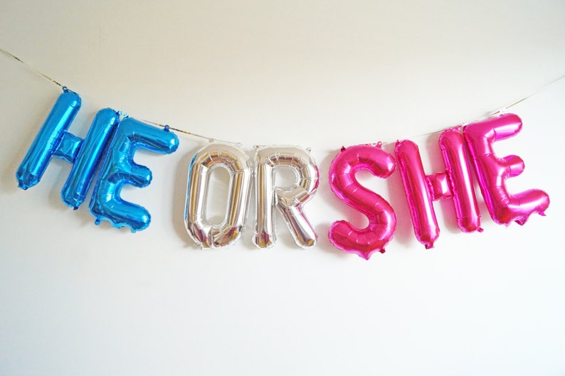 HE OR SHE Letter Balloon Banner - 16" Air Fill - Baby Shower Gender ...