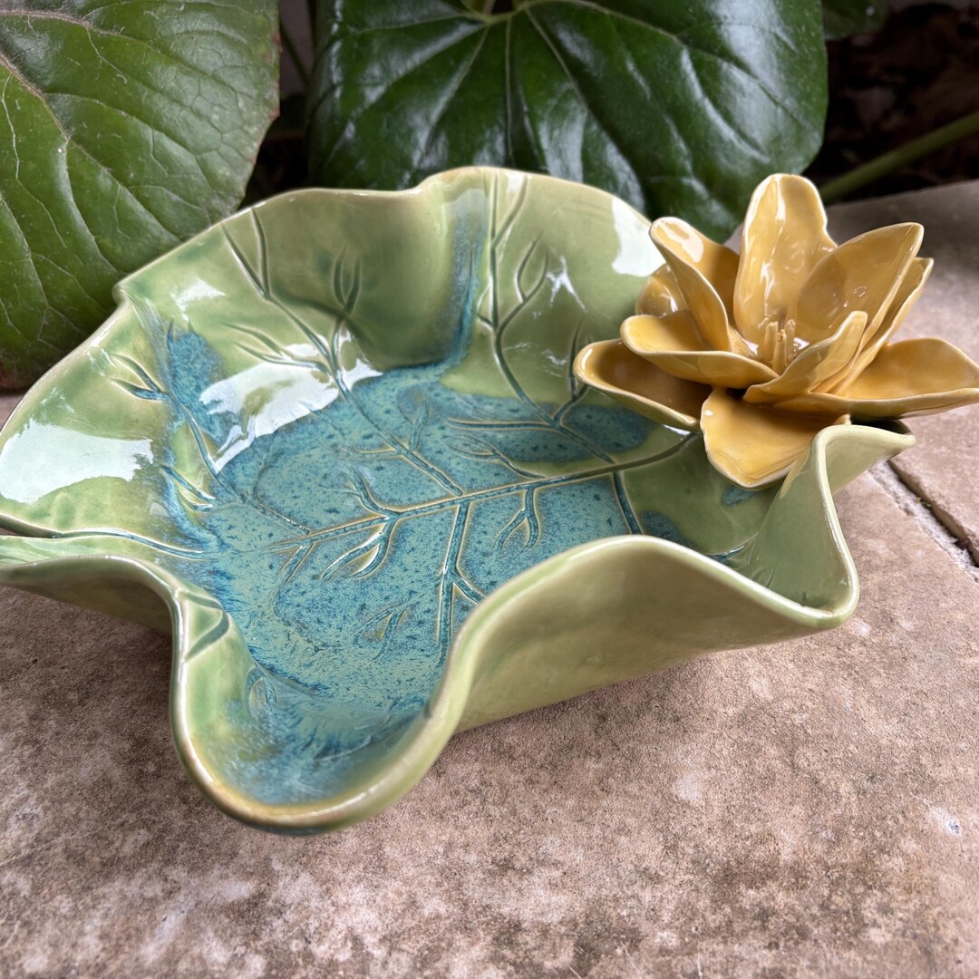Porcelain Lily Pad Leaf Serving Plate With Yellow Flower - Etsy
