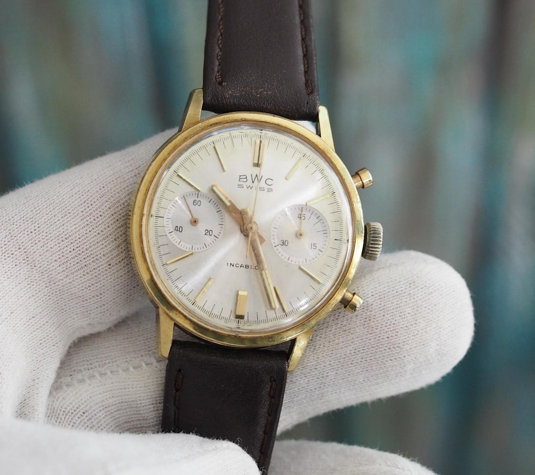Vintage BWC Swiss Chronograph Watch: 1960s Landeron 248 Mechanical Gold ...