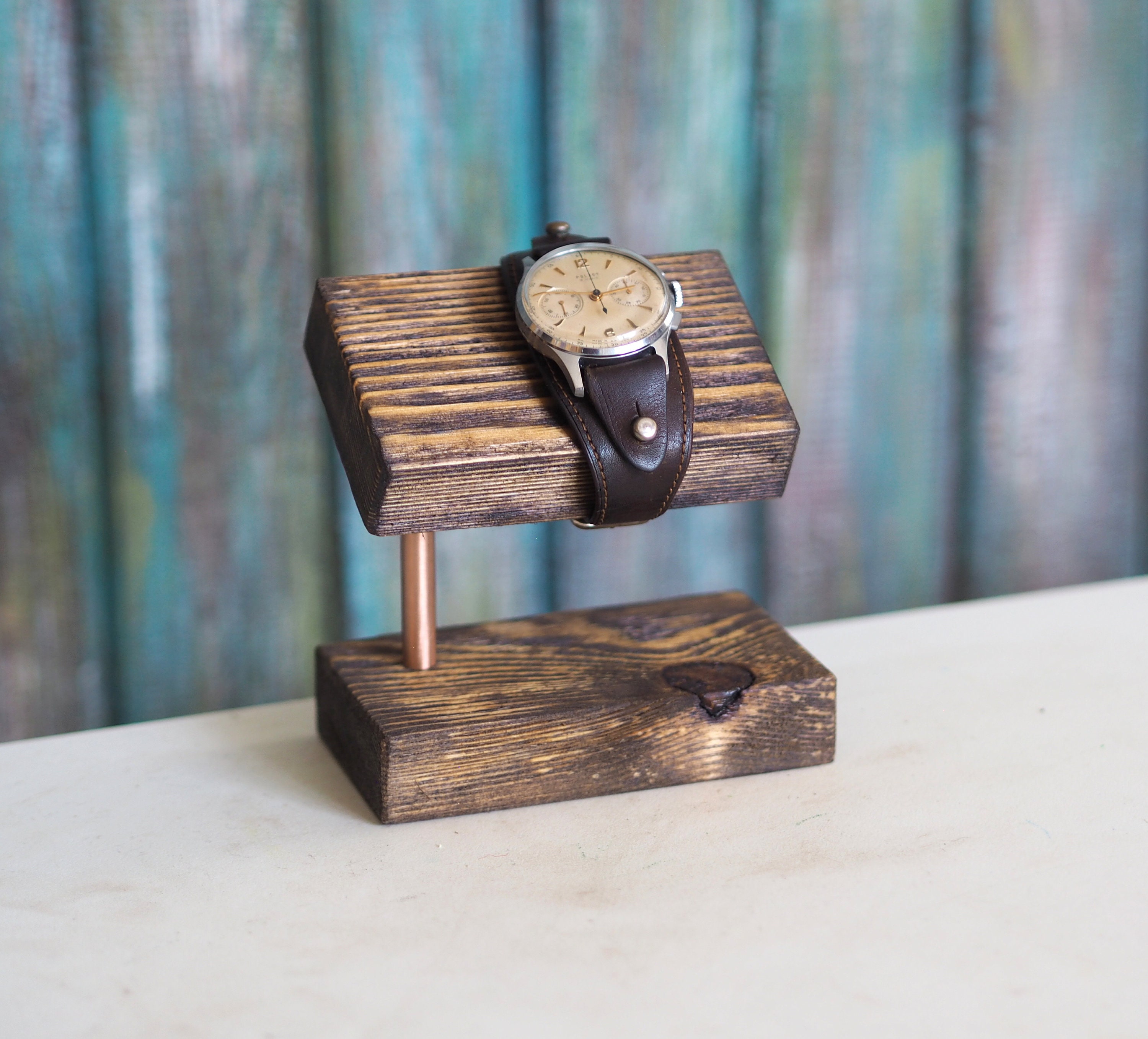 Rustic hand made wooden watch stand brass/copper wood stand | Etsy