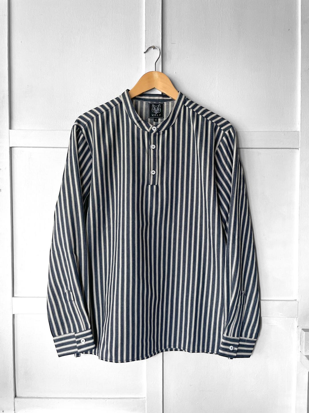 Striped Fisherman Work Shirt Navy - Collarless Grandad Neckline ...