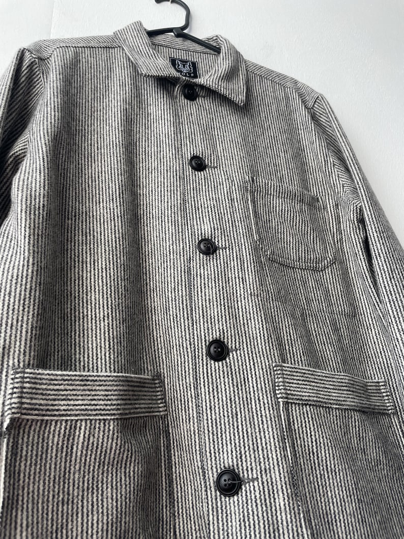 60s Wool Stripe Black & White Prison Jacket - Chore Workwear Coat ...