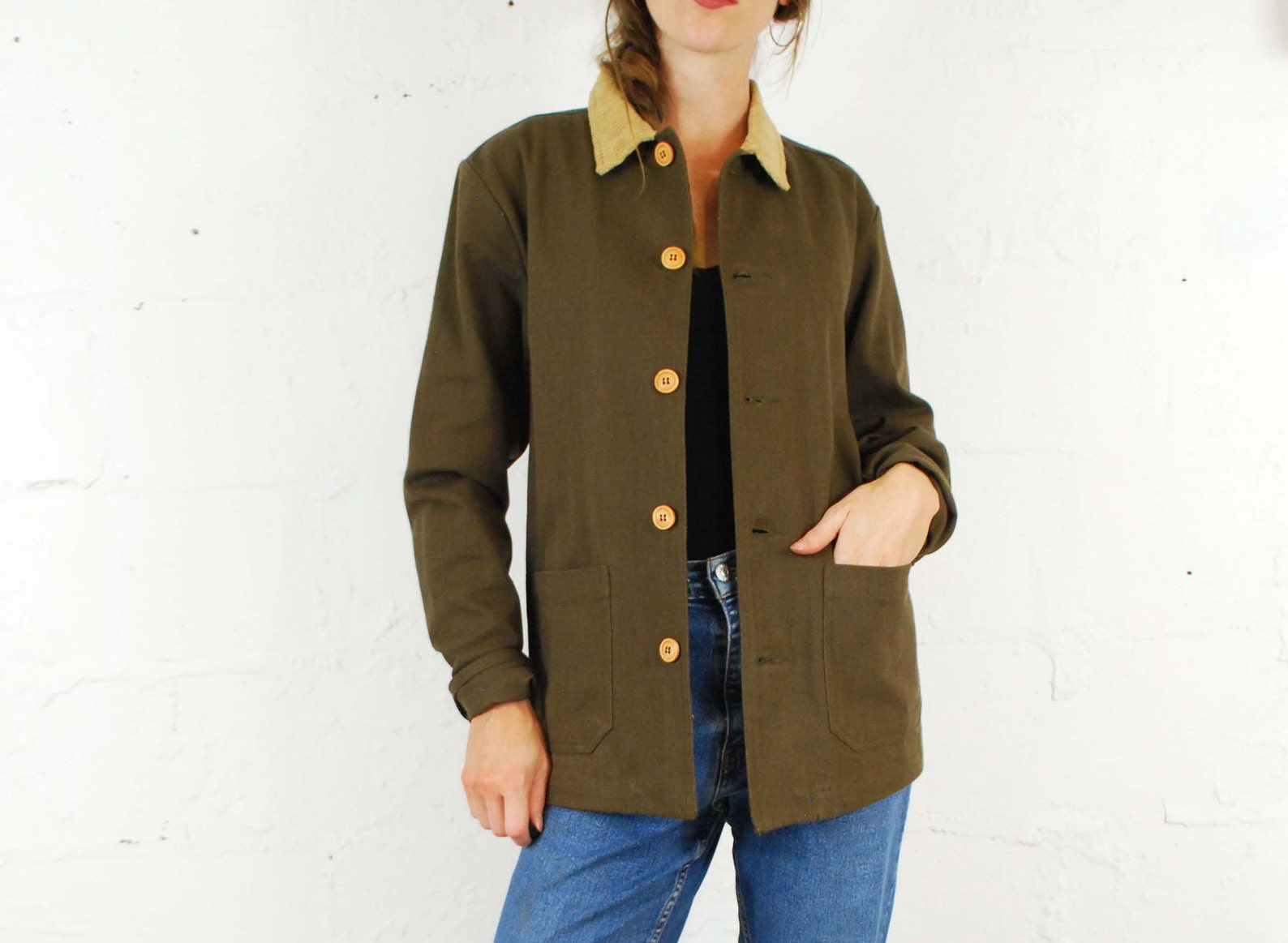 60s Style French Olive Green & Corduroy Cotton Twill Canvas | Etsy