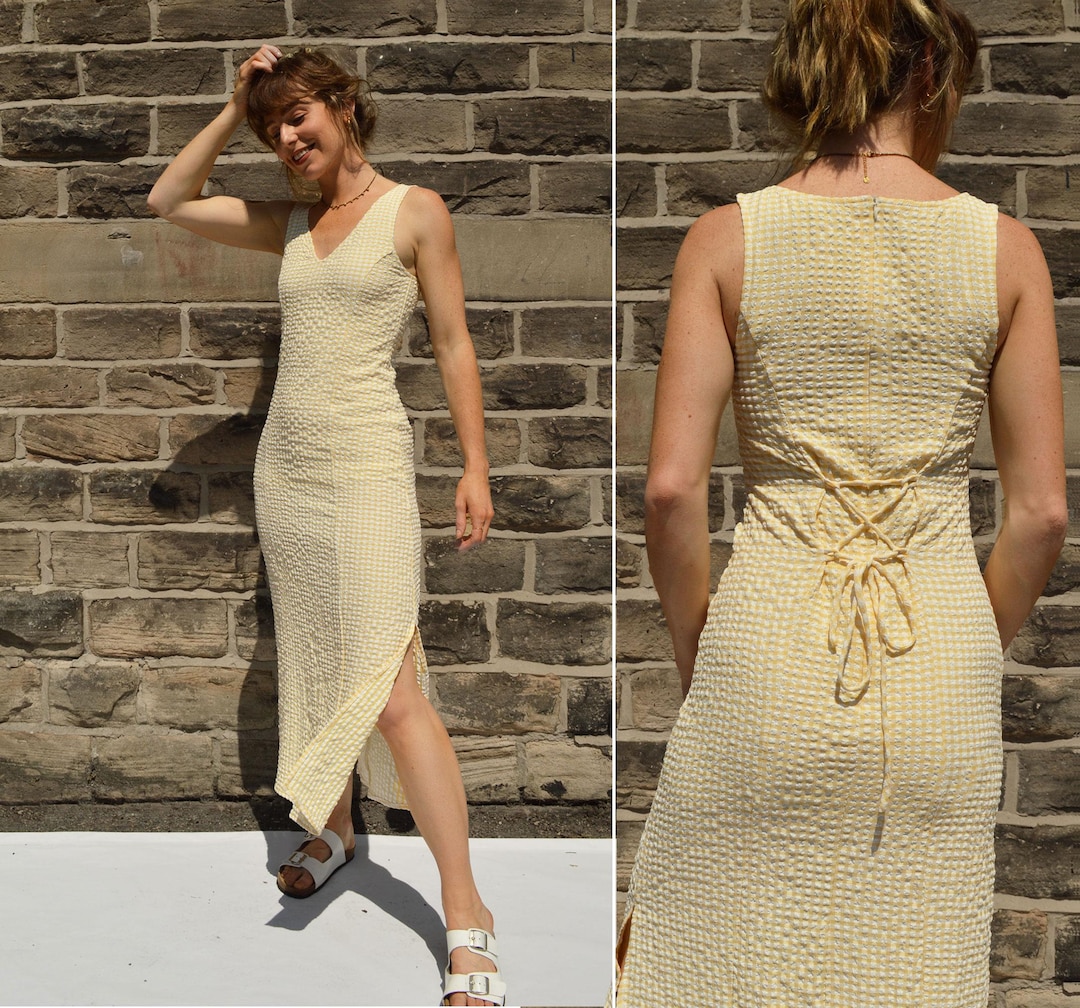 Robe longue en seersucker vichy à col en V - Style vintage français à ...
