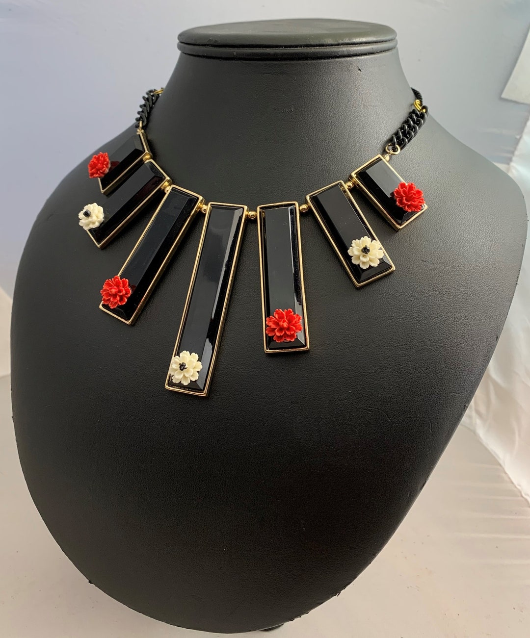 Art Deco Inspired Rectangle Bib Choker With Red Black and White Flowers ...
