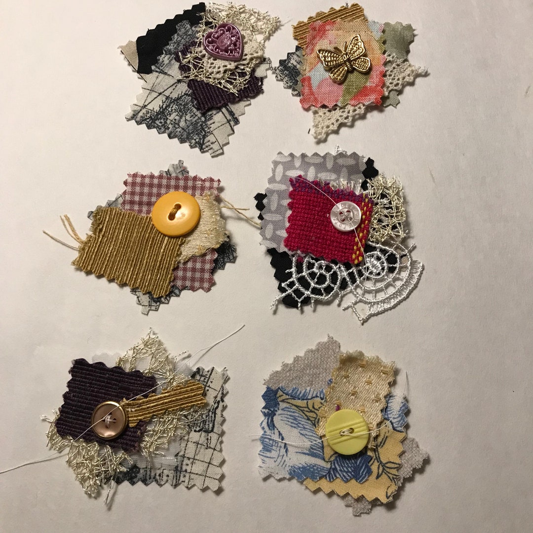 Six Fabric Snippets With Buttons Collage Fodder Junk Journals Crafting ...
