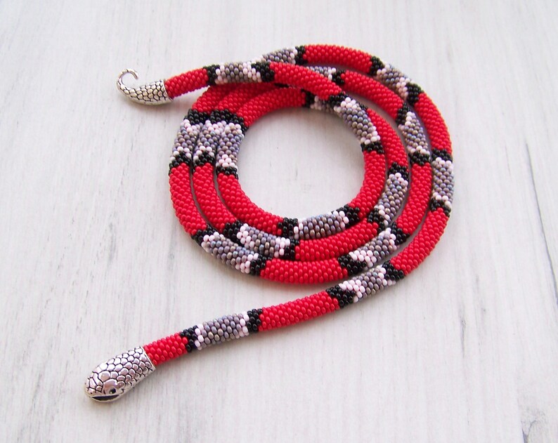 Red Snake Pattern Bead Crochet Necklace - Ethnic Beadwork Necklace ...