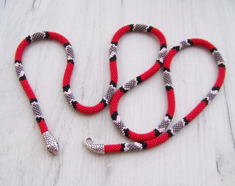Red Snake Pattern Bead Crochet Necklace Ethnic Beadwork - Etsy