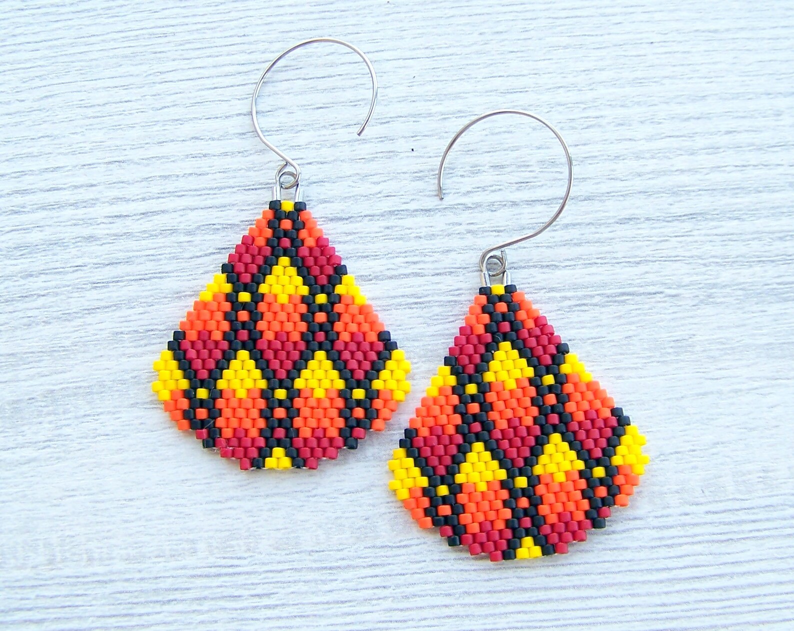 Diamond Shaped Bead Rhombus Earrings, Boho Earrings, Beaded Earrings ...