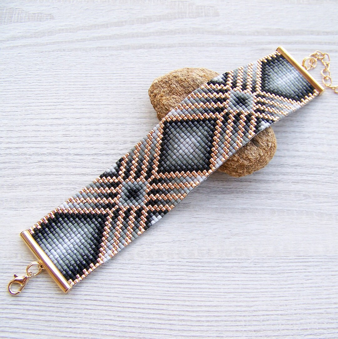 Black Grey Ombre Geometric Bracelet, Adjustable Miyuki Delica Beads ...