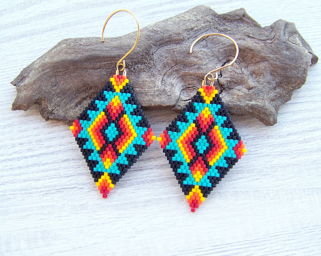 Colorful Geometric Beaded Earrings, Tribal Native Style Earrings ...