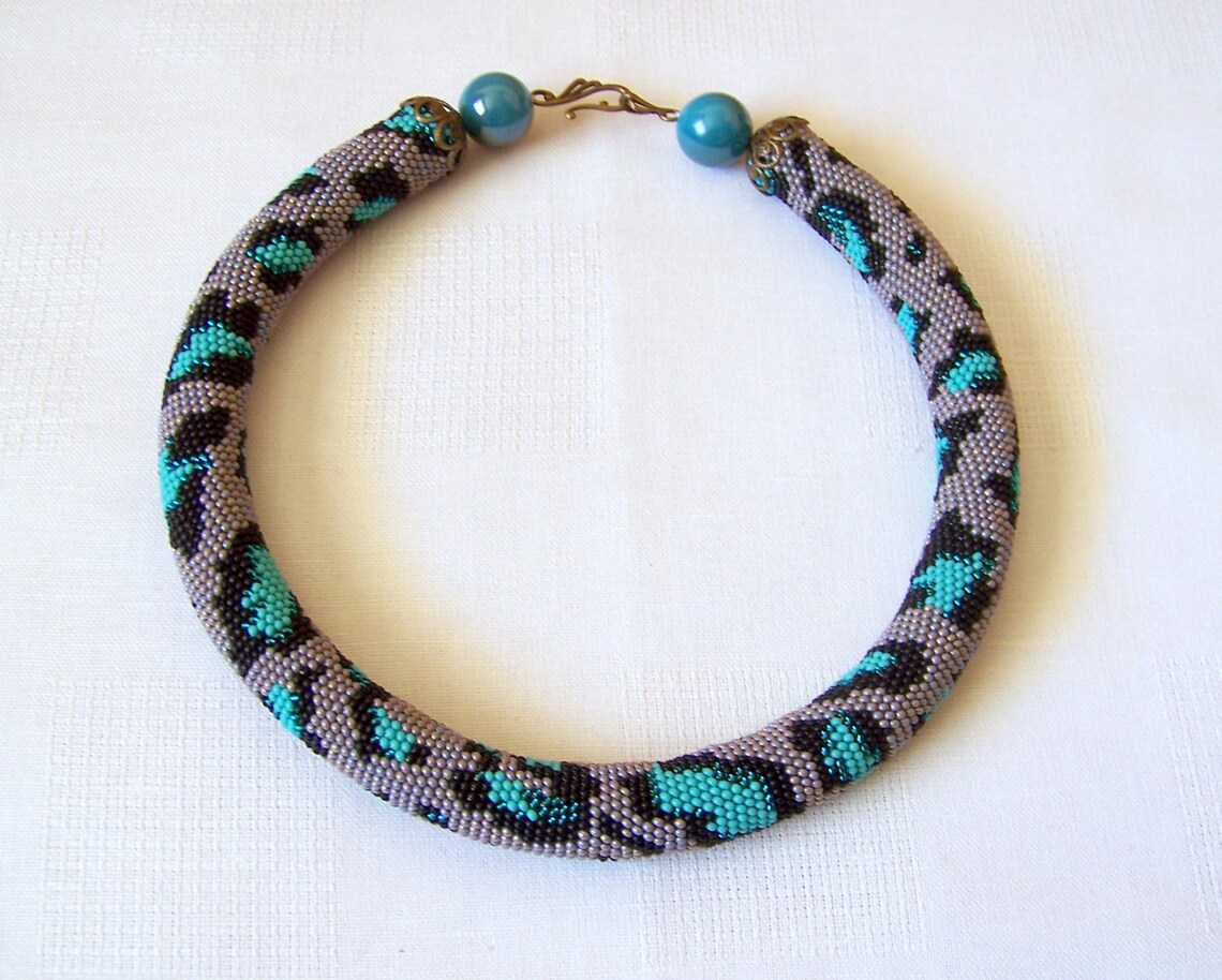 Glamour Leopard Necklace - Bead Crochet Necklace - Turquoise, Emerald ...