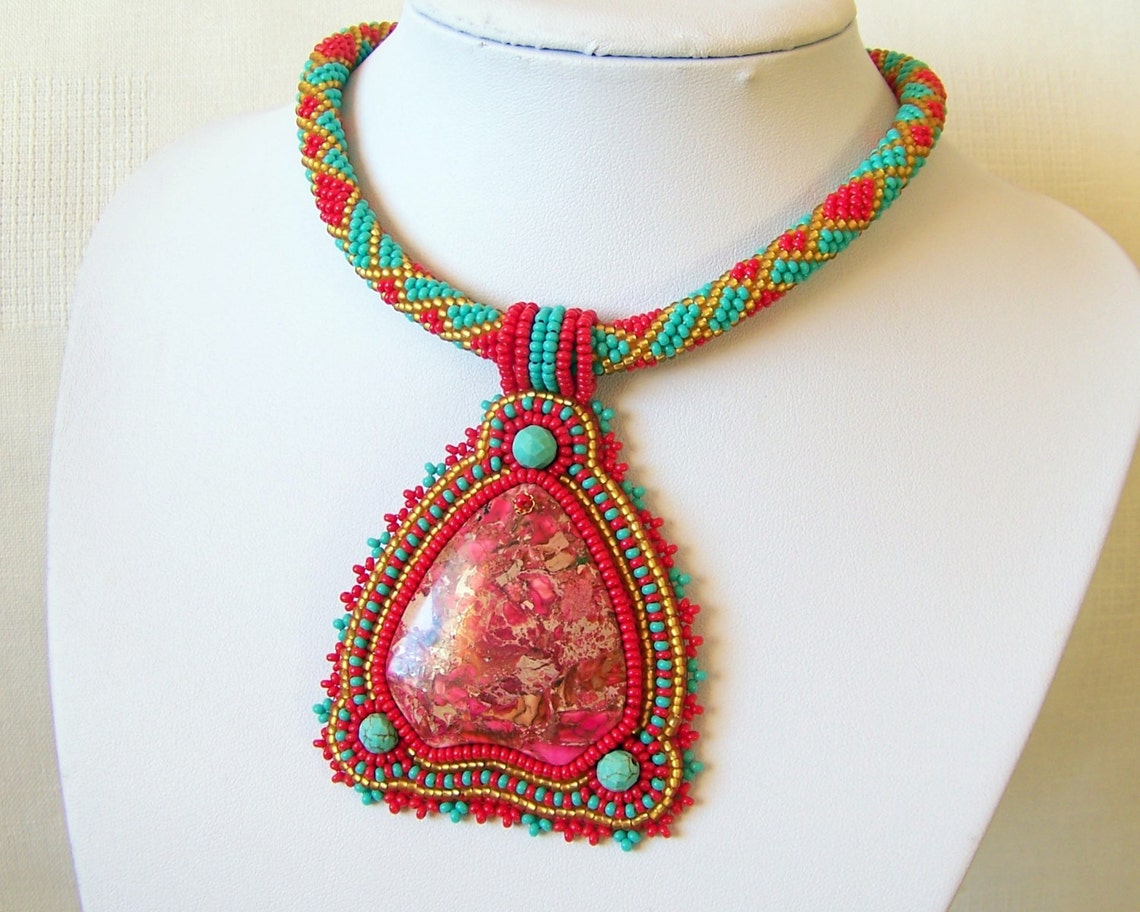 Bead Embroidery Statement Beadwork Pendant Necklace With Red | Etsy