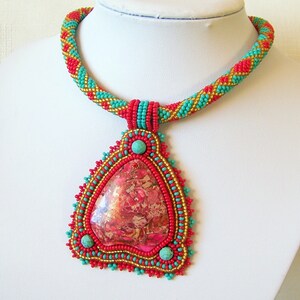 Bead Embroidery Statement Beadwork Pendant Necklace With Red - Etsy