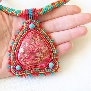 Bead Embroidery Statement Beadwork Pendant Necklace With Red - Etsy