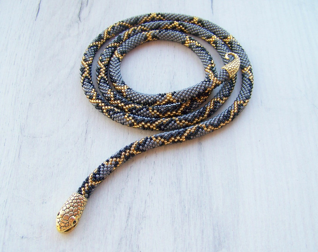 Gray Serpent Necklace - Bead Crochet Python Necklace - Ouroboros Necklace - Wiccan Jewelry ...