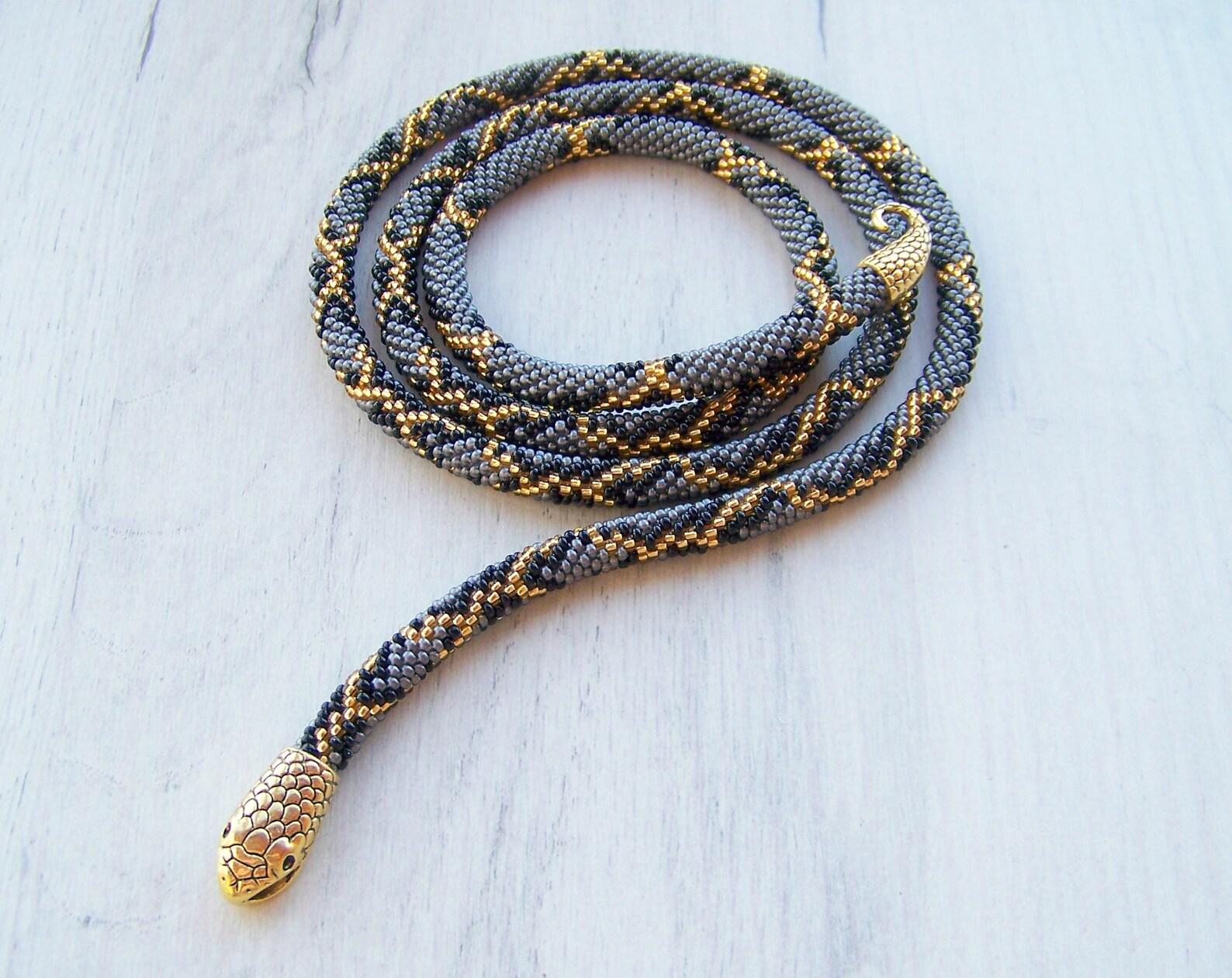 Gray Serpent Necklace - Bead Crochet Python Necklace - Ouroboros ...