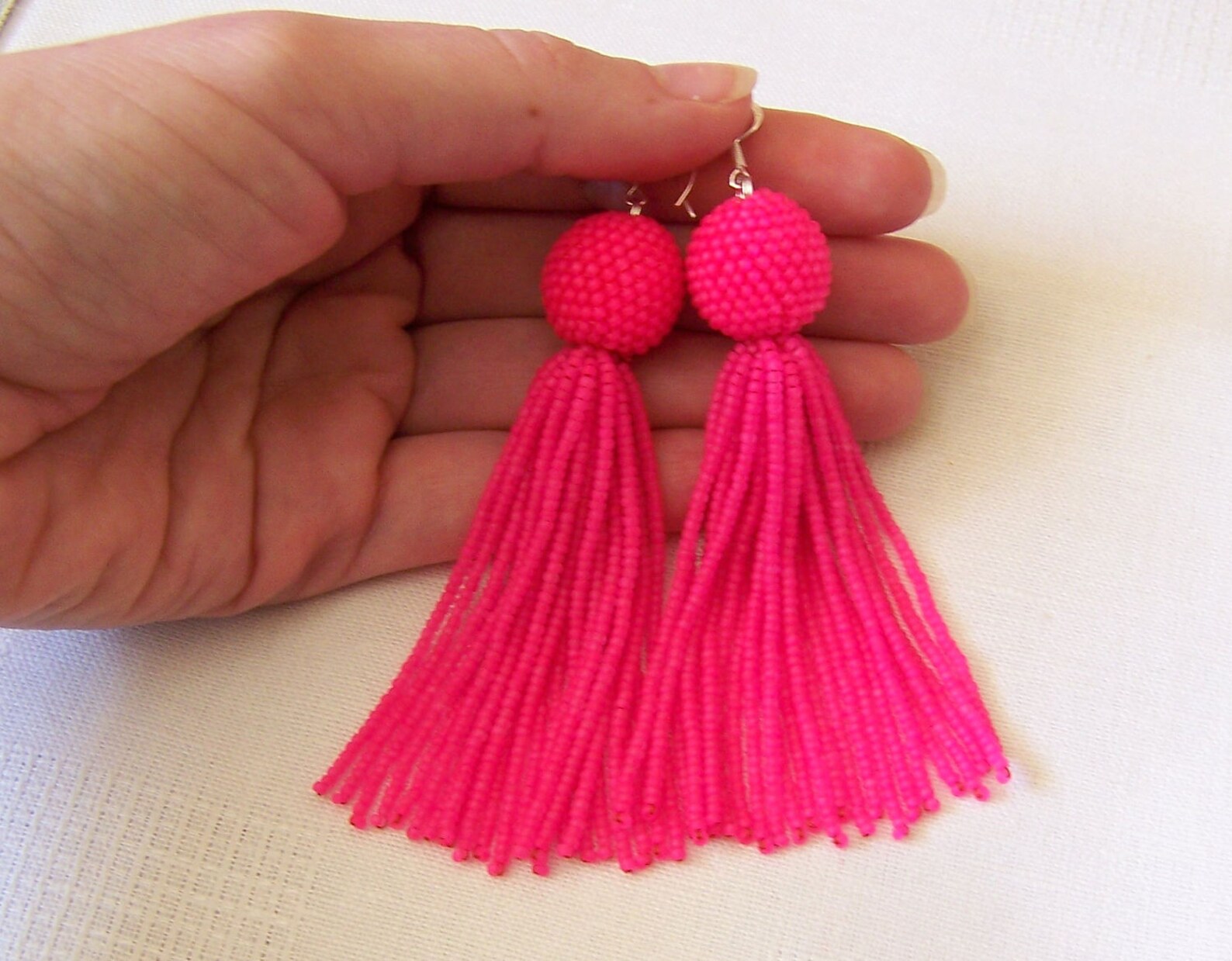 Neon Pink Beaded Tassel Earrings Statement Bright Earrings Etsy