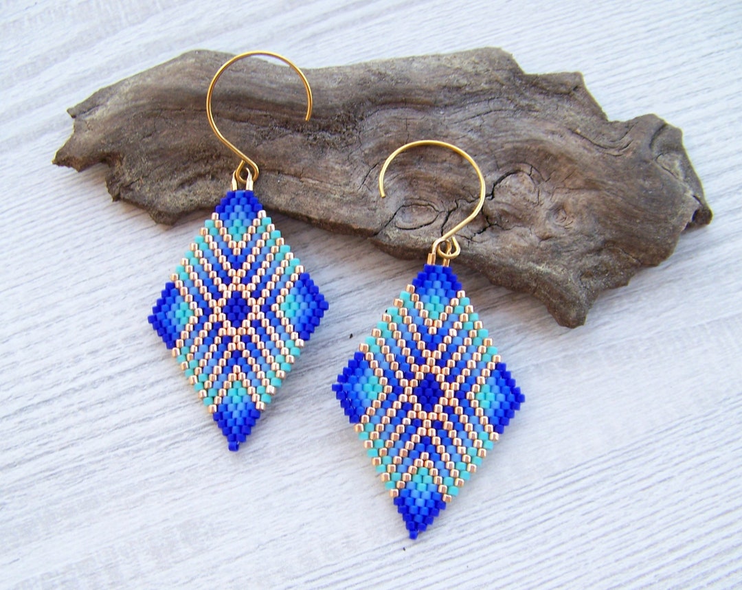 Beaded Earrings, Geometric Blue Ombre Bead Earrings, Diamond Shaped ...